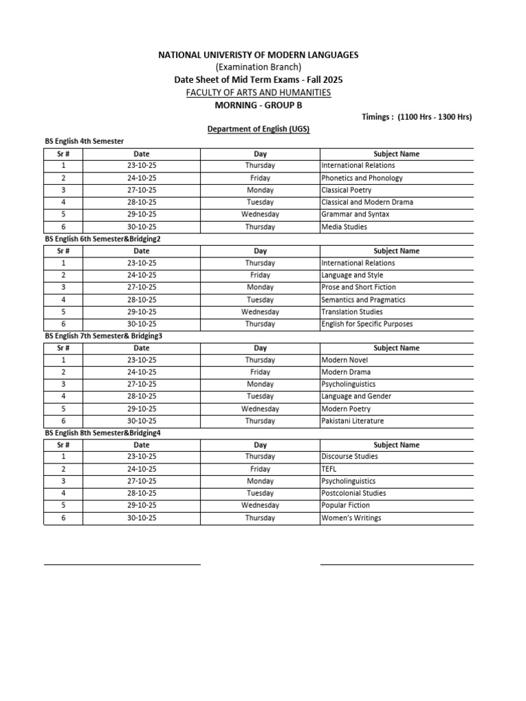 Fall 2025 Mid Term Exam Schedule | PDF | Communication | Grammar