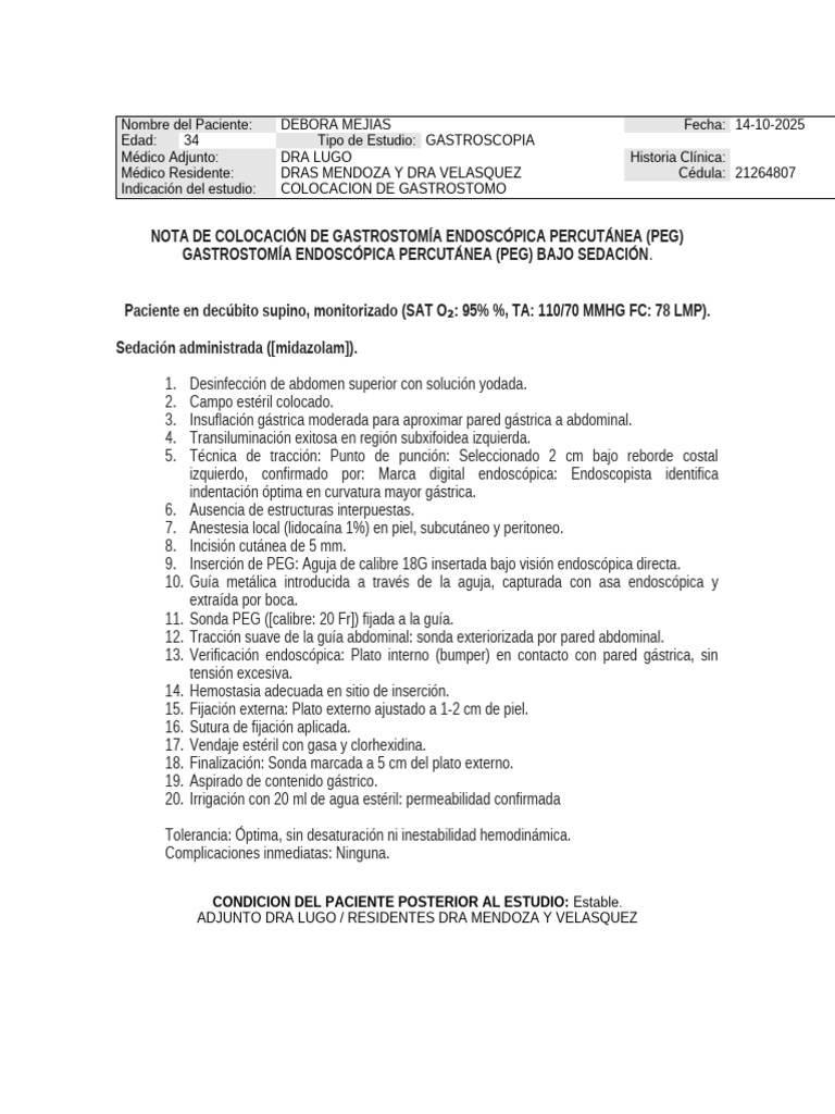 Colocación de Gastrostomo PEG en Paciente | PDF | Cirugía ...