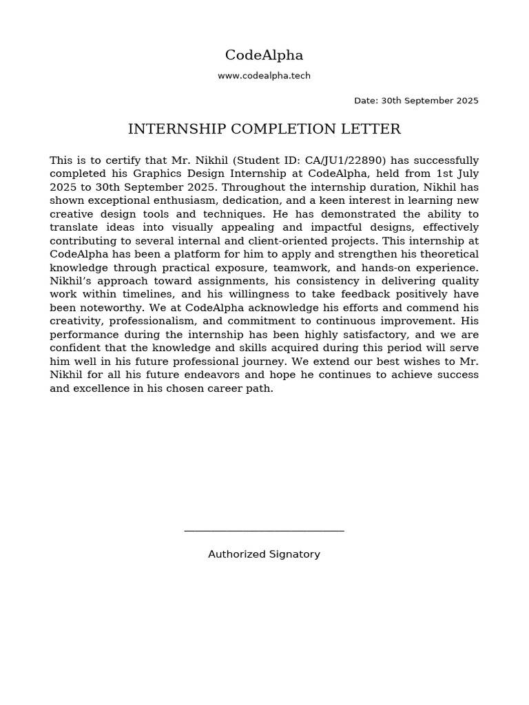 Nikhil CodeAlpha Final Completion Letter | PDF