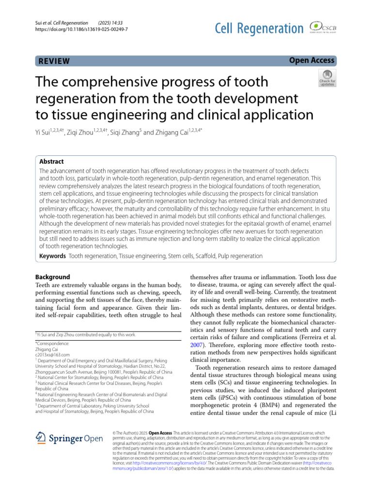 Advances in Tooth Regeneration Research | PDF | Tissue Engineering ...