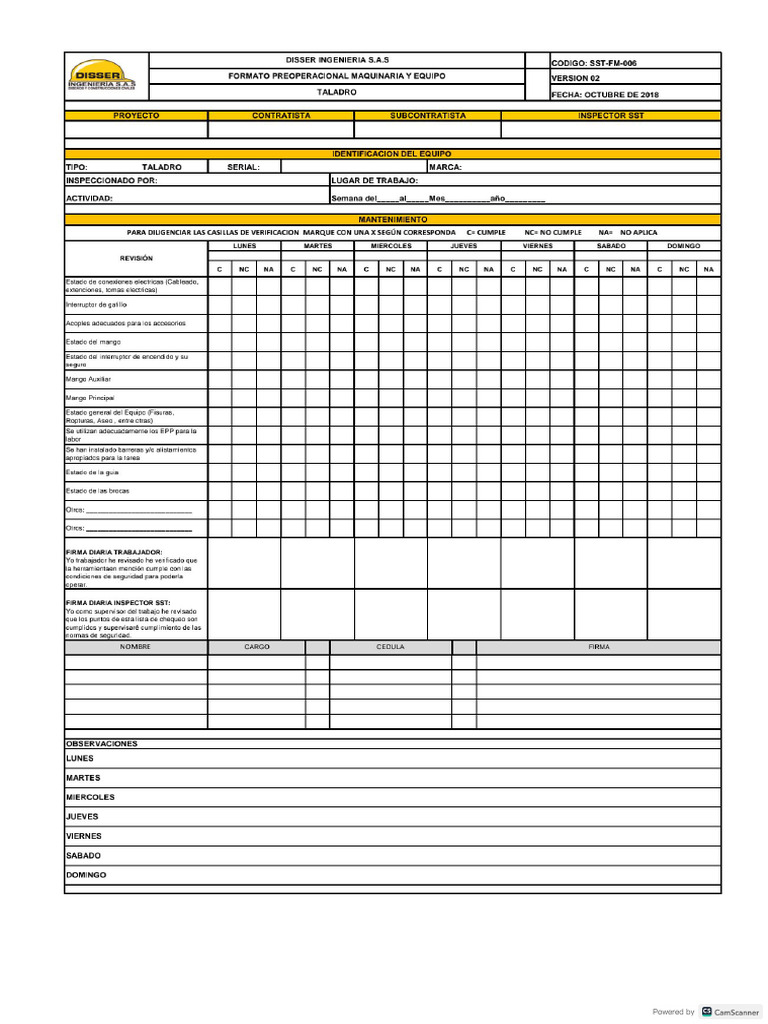 SST FM 006 Preoperacional Taladro | PDF