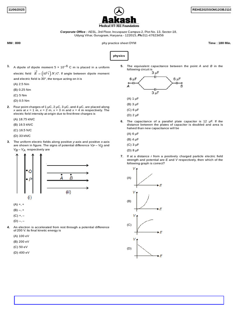 Physics Practice Sheet Question | PDF | Capacitance | Capacitor