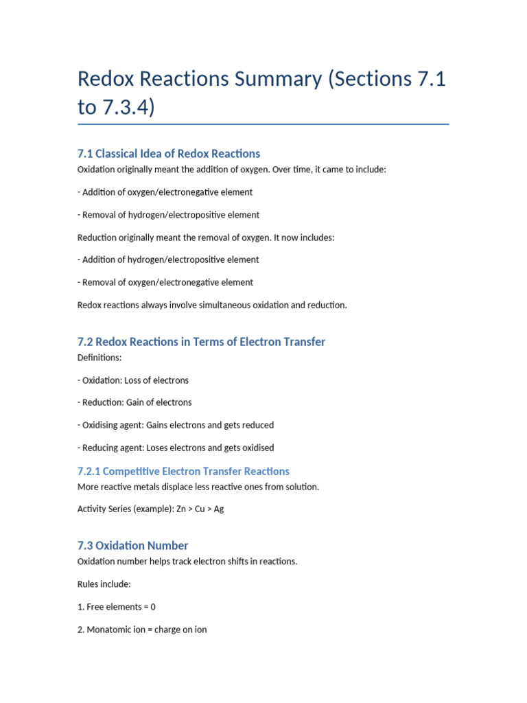 Redox Reactions Summary 7.1 To 7.3.4 | PDF