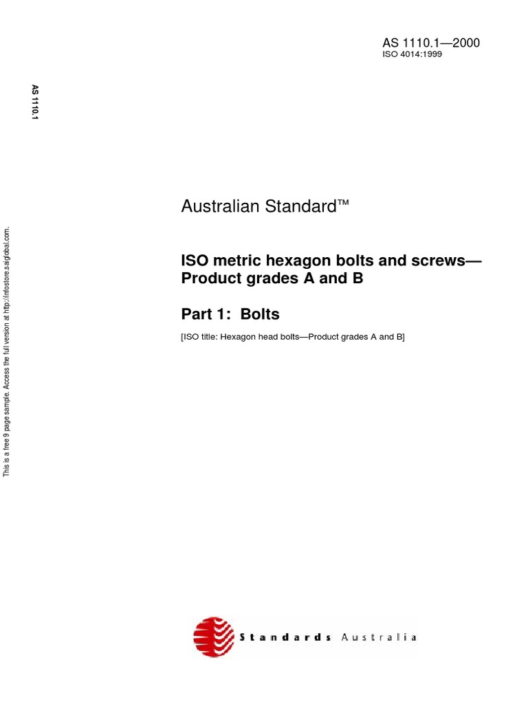 As 1110.1-2000 ISO Metric Hexagon Bolts and Screws - Product Grades A ...
