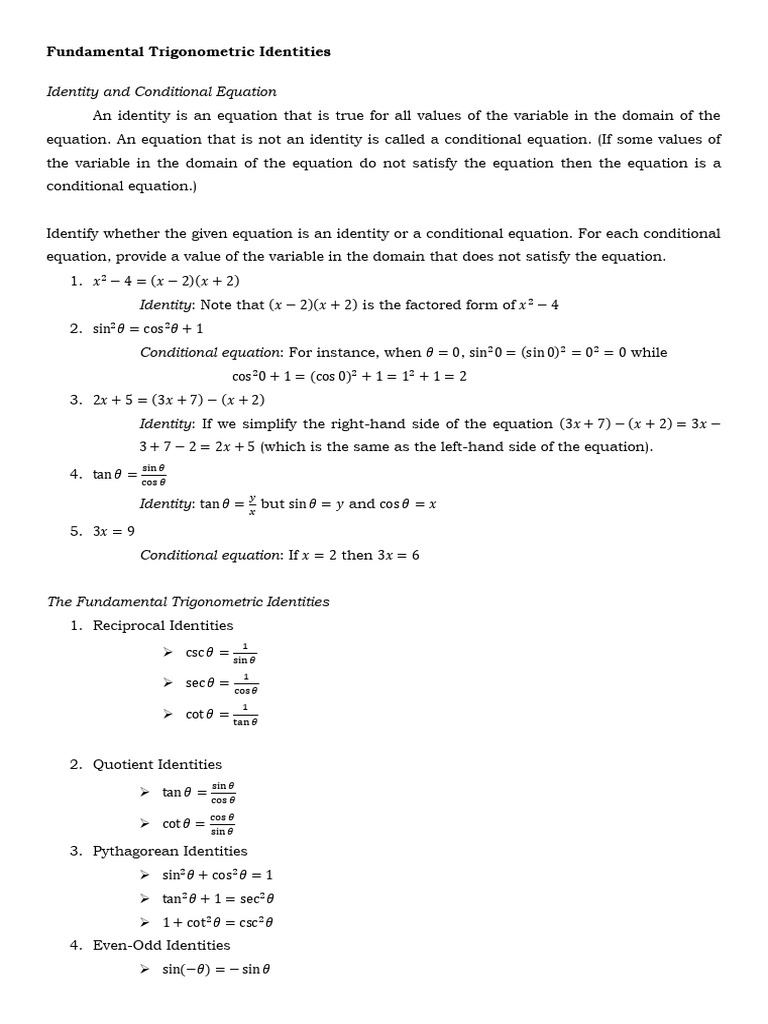 Fundamental Trigonometric Identities | PDF | Equations | Trigonometric ...