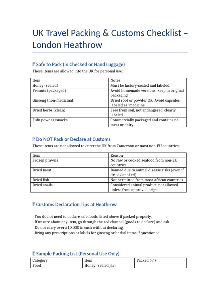 UK Travel Customs Checklist LHR | PDF