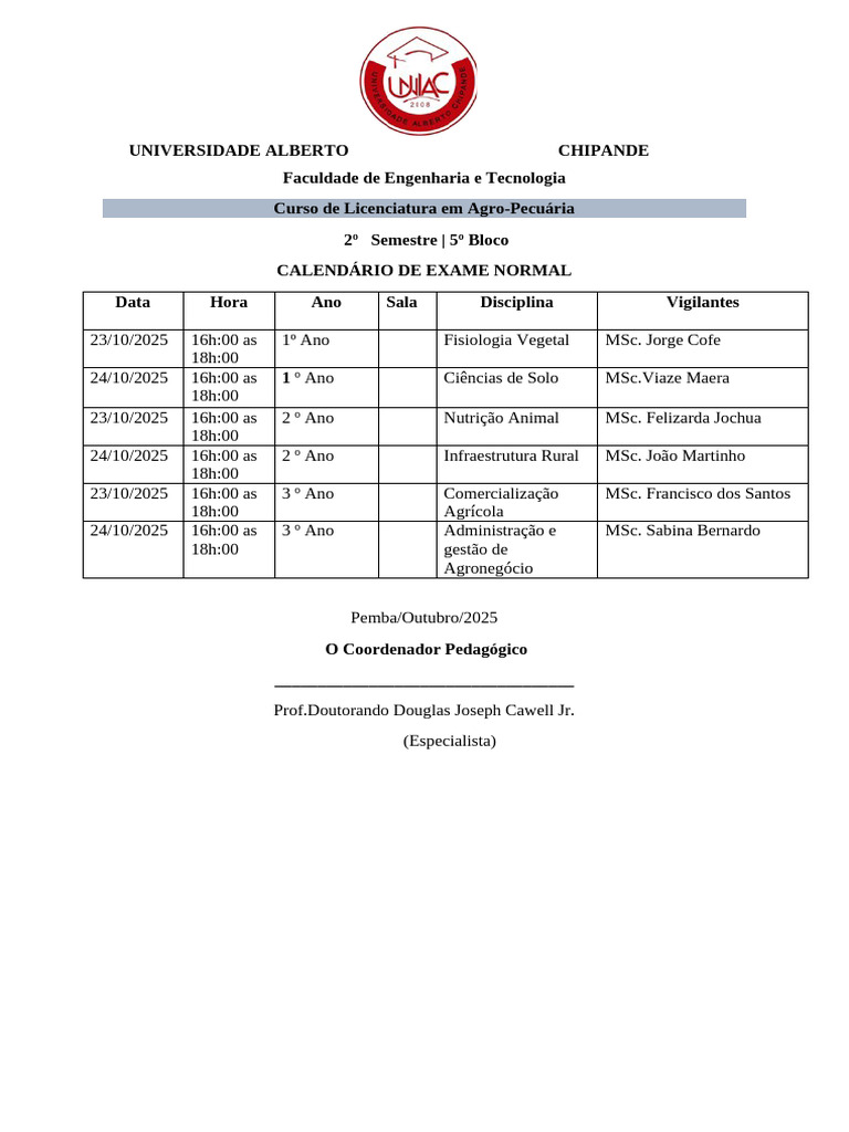 Calendário de Exames 2025 - Universidade Chipande | PDF | Science