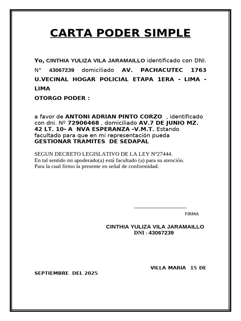 Carta Poder Simple para Trámites SEDAPAL | PDF