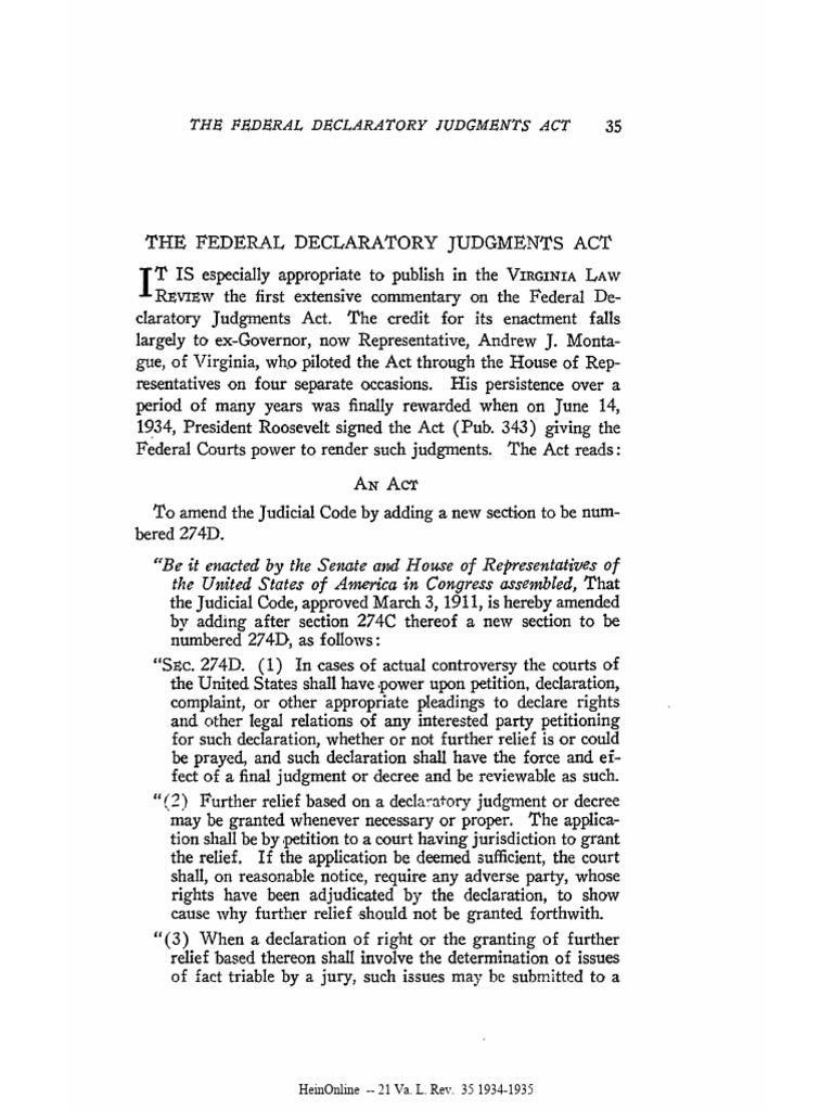 Declaratory Judgment Act Yale Review | PDF | Lawsuit | Legal Remedy