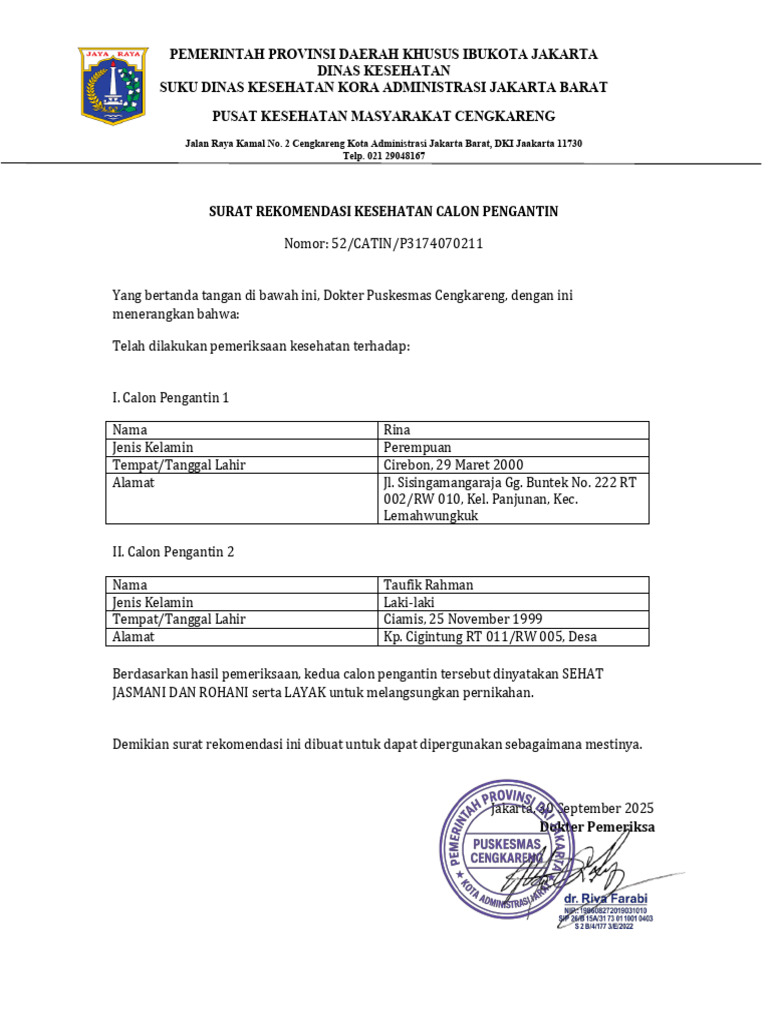 Surat Keterangan Sehat Catin Puskesmas | PDF