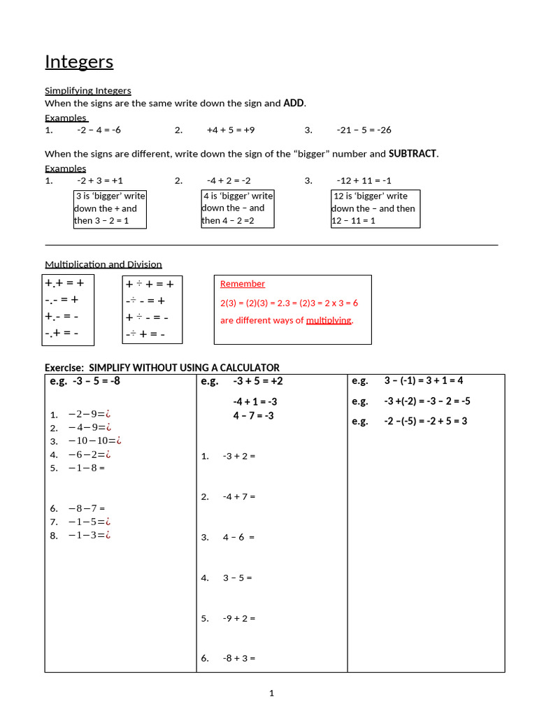 Simplifying Integers and Operations | PDF