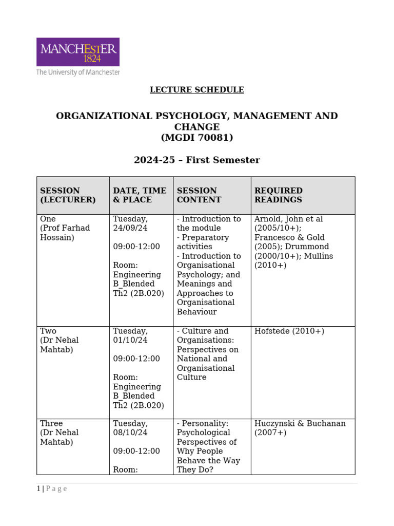 Organizational Psychology Lecture Schedule | PDF | Behavioural Sciences ...
