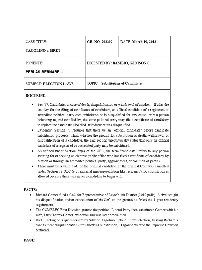 Election Law: Candidate Substitution Cases | PDF | Equal Protection ...
