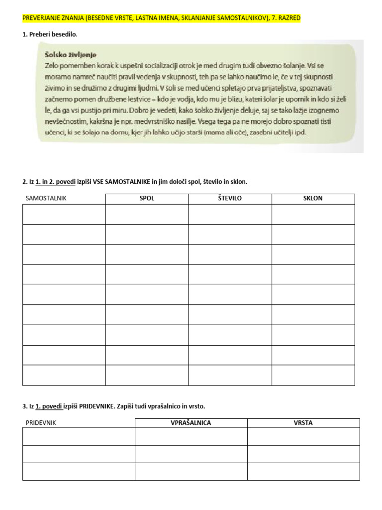 Slovenščina 7.b Preverjanje-Znanja | PDF
