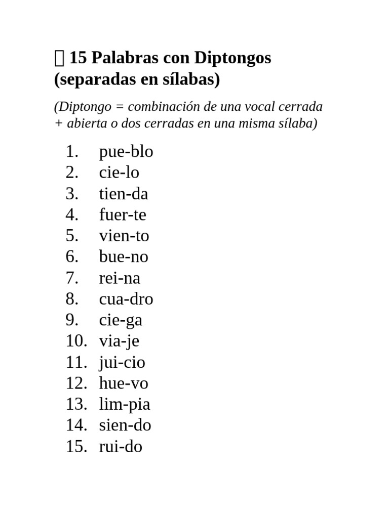15 Palabras con Diptongos y Sílabas | PDF