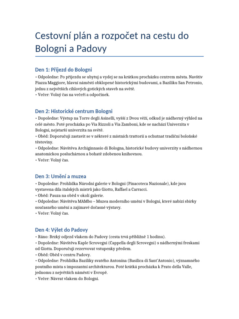 Cestovni Plan A Rozpočet Bologna Padova | PDF
