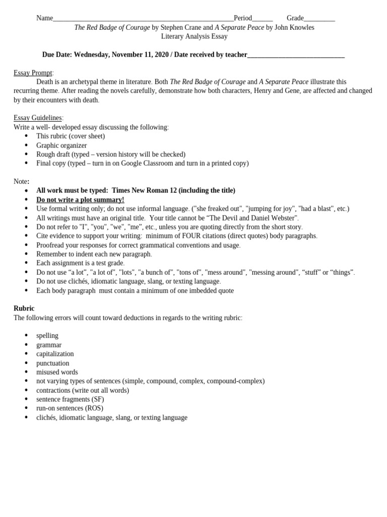The Red Badge of Courage and A Separate Peace Writing Prompt 2019-2020 ...