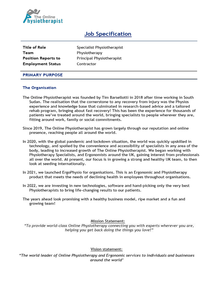 The Online Physiotherapist Job Description Updated Jan 2022 | PDF | Physical Therapy | Business