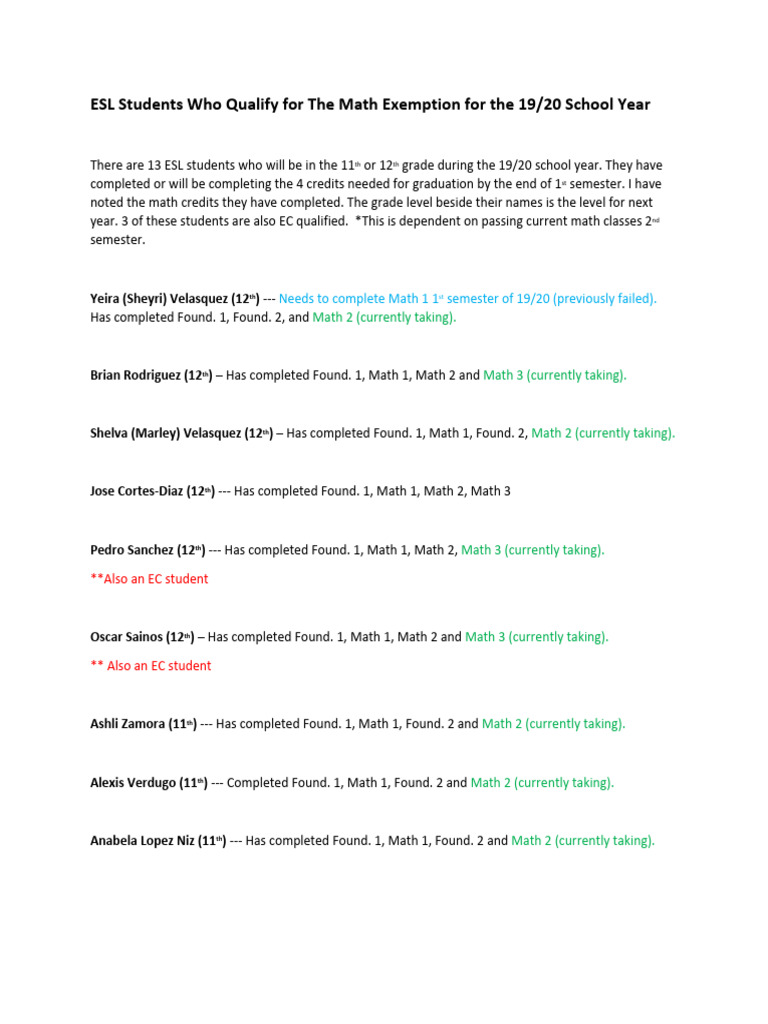 19-20 Math Exemption Info | PDF