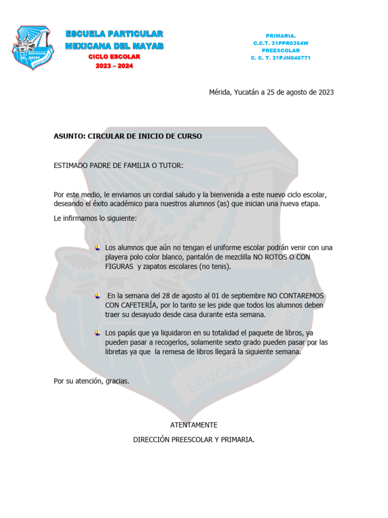Circular de Inicio de Curso (2499) | PDF