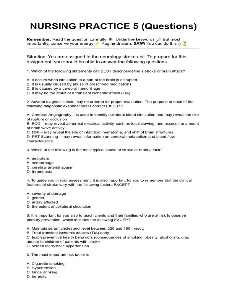 NURSING PRACTICE 5 (Questions) | PDF | Stroke | Phobia