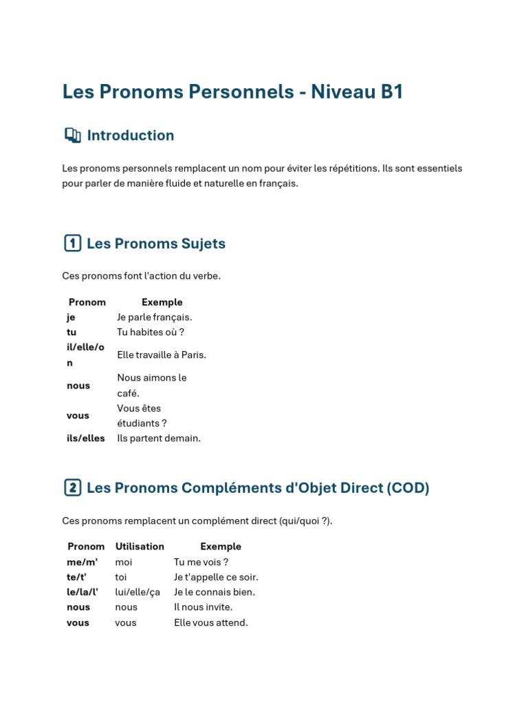 Guide des Pronoms Personnels B1 | PDF | Pronom | Complément d'objet