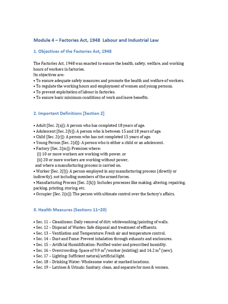 Overview of the Factories Act, 1948 | PDF | Working Time | Labour Law