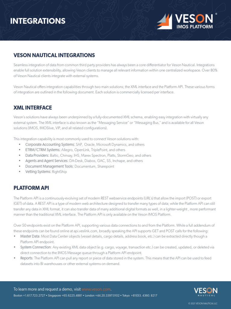 Veson Nautical Integrations Datasheet | PDF | Xml | Web Service