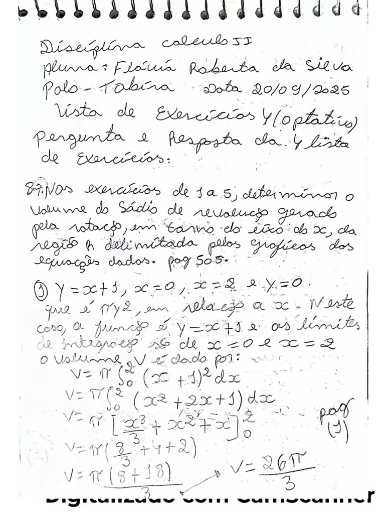 Pergunta e Resposta Da 4 Lista de Exercício de Cálculo 2, Polo Tabira ...