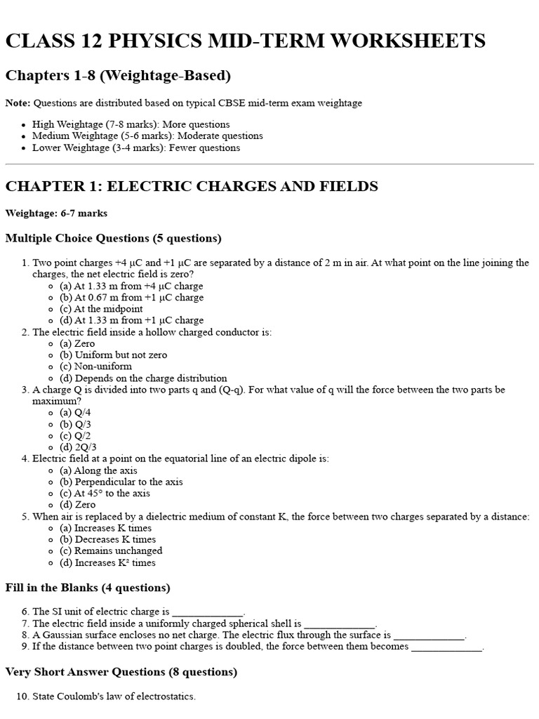 Class 12 Physics Worksheets - Chapters 1-7 | PDF | Inductance | Electromagnetic Induction