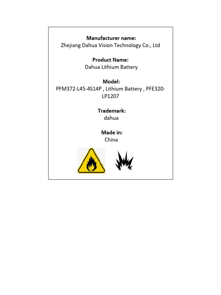 Dahua PFE320-LP1207 Lithium Battery | PDF