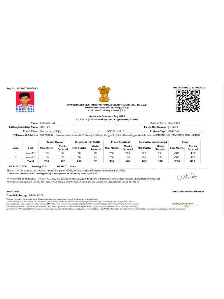 ITI Marksheet | PDF