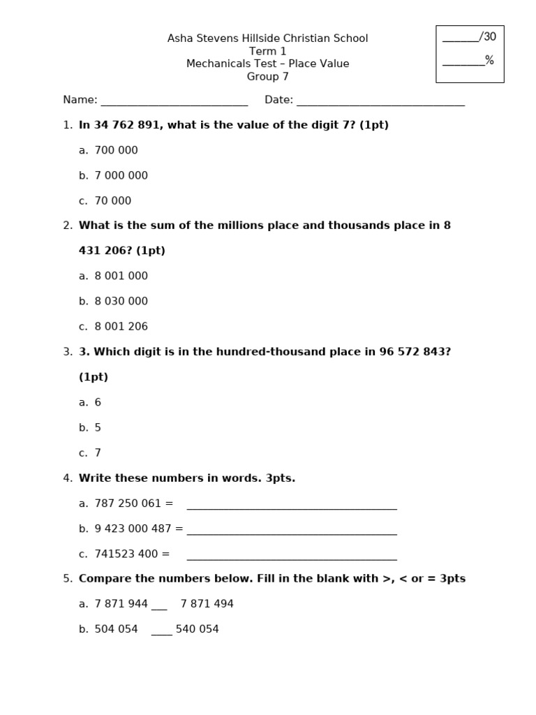 Place Value Test Group 7 Term1 | PDF | Chess Theory | Chess Openings