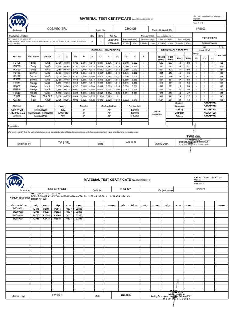 POS 1 Material Test Certificate - Compressed | PDF | Valve | Applied ...
