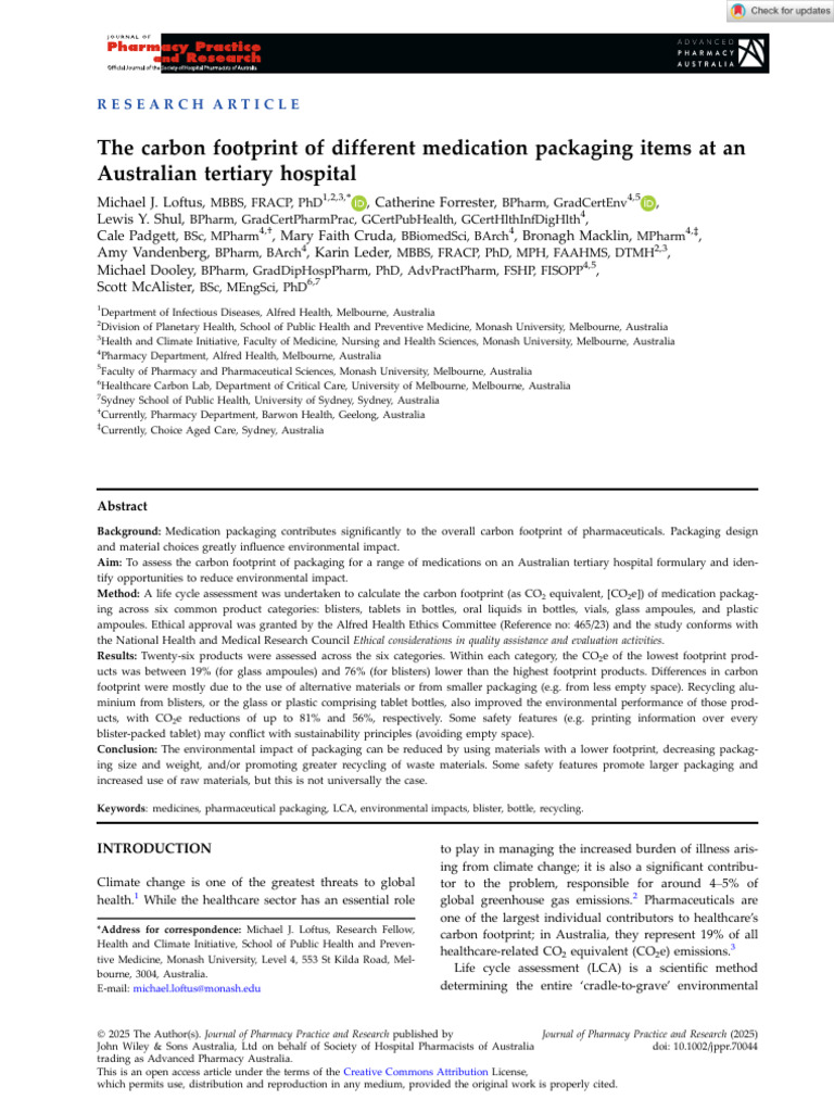 Carbon Footprint of Medication Packaging | PDF | Life Cycle Assessment ...