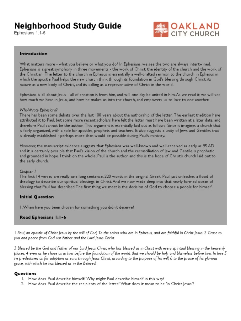 Study On Ephesians 1 1 Pdf Epistle To The Ephesians Paul The Apostle