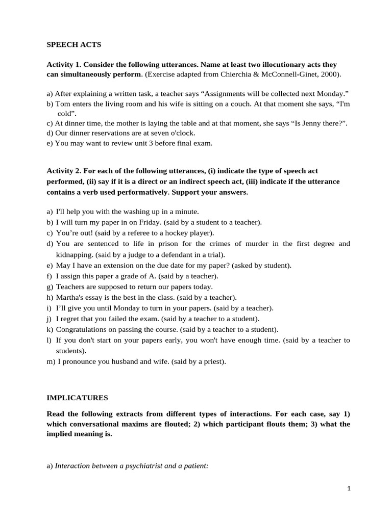 Exercises On Speech Acts, Conversational Maxims and Politeness | PDF