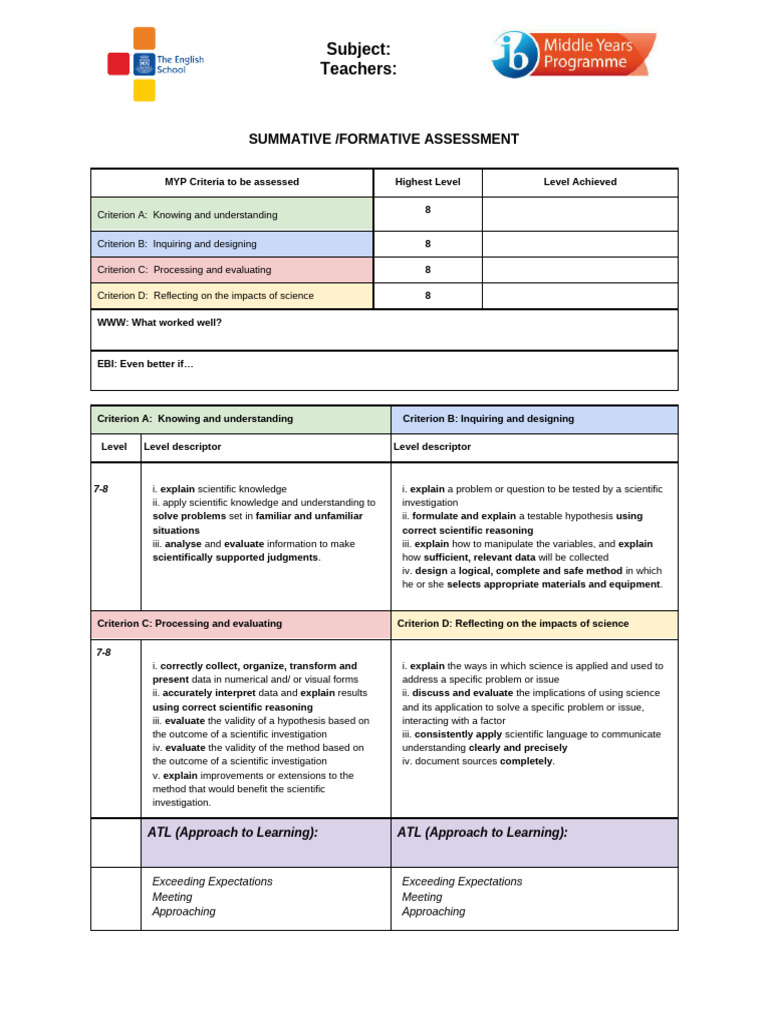 MYP Formative - Summative Template With ATLS - 8th and 9th Grade (Y5 ...