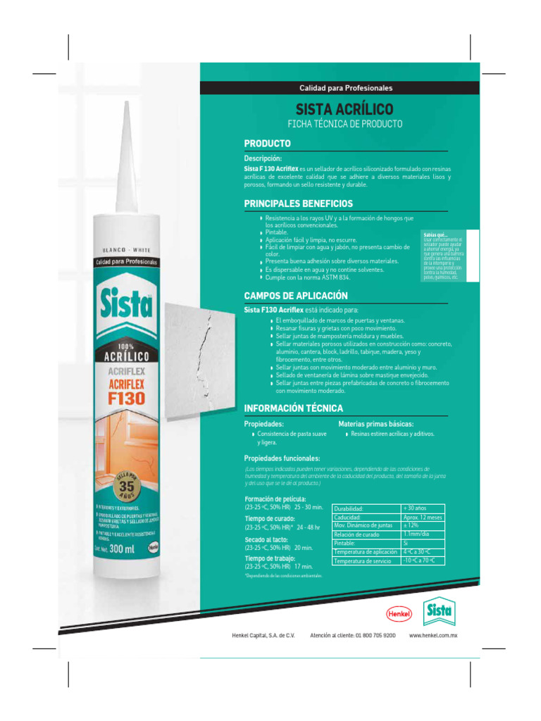 Sellador Acrílico Sista F 130: Usos y Beneficios | PDF | Materiales