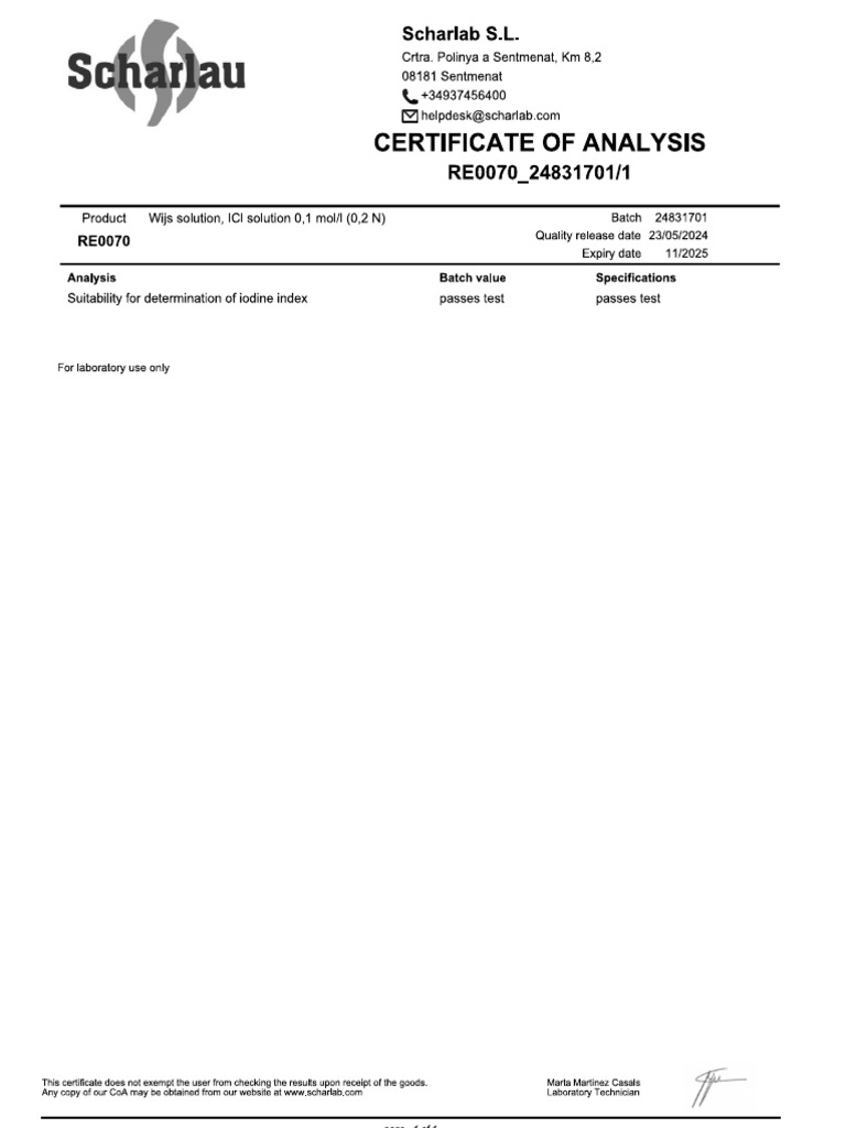 Solucion de Wijs, Solucion de Icl 0,1 Mol L (0,2) - Scharlau | PDF