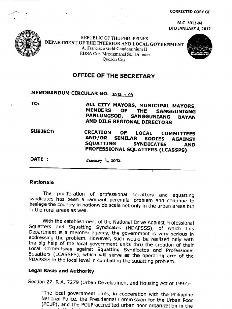 DILG Memo Circular 2012 04 | Squatting | Politics