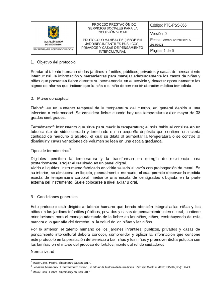 PTC Pss 055 v0 Protocolo Manejo de Fiebre Ji Casas Pensamiento1 | PDF | Fiebre | Educación de la ...