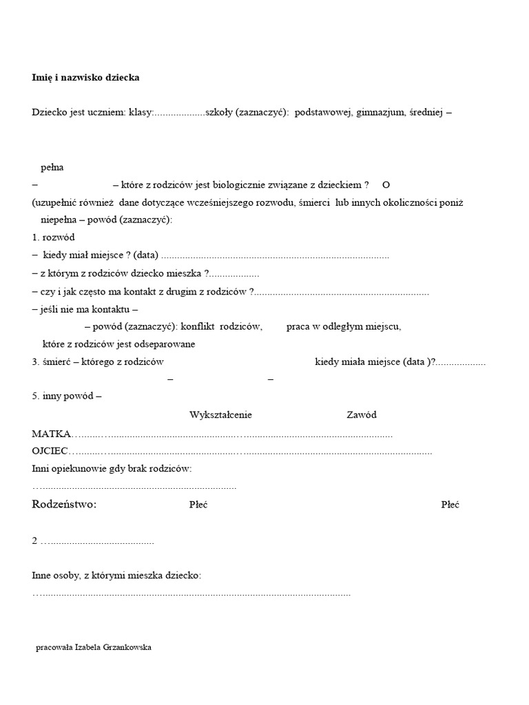 Wywiad Ogólny Rodzice o Dziecku | PDF
