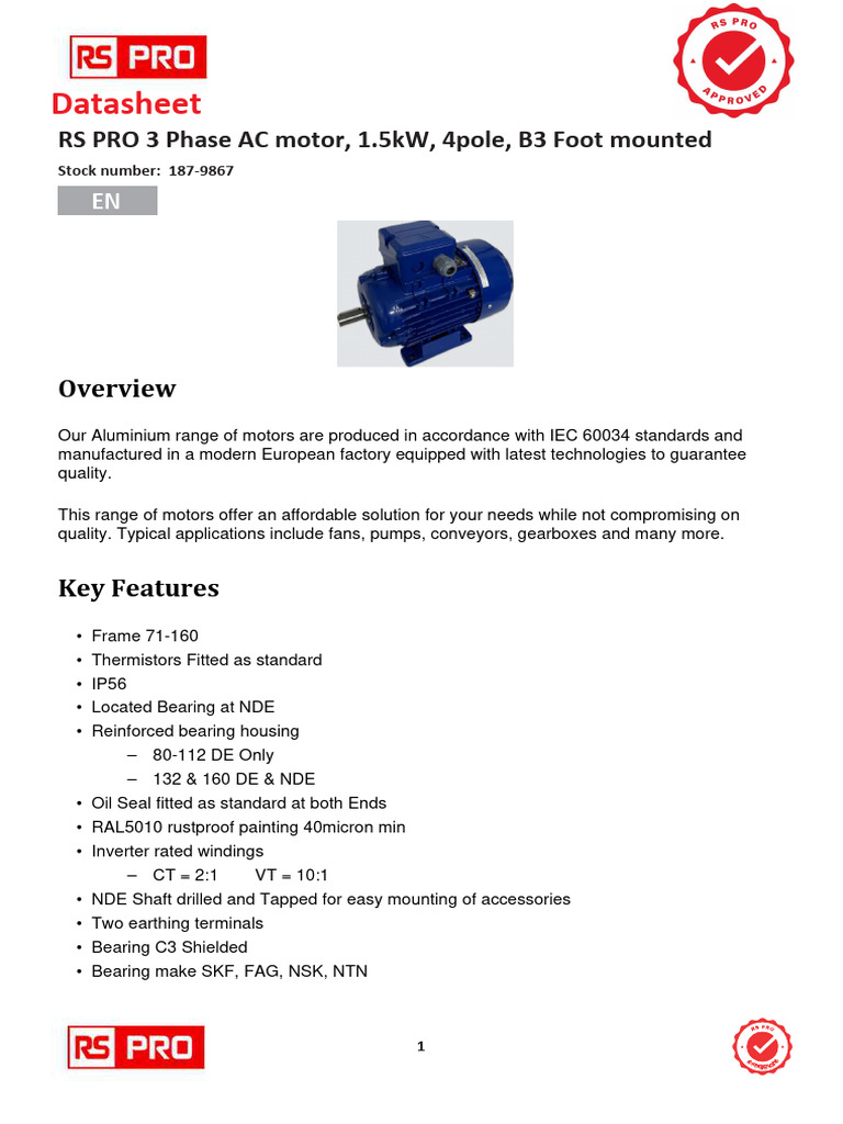 RS PRO 1.5kW 3-Phase AC Motor Datasheet | PDF | Electric Motor ...