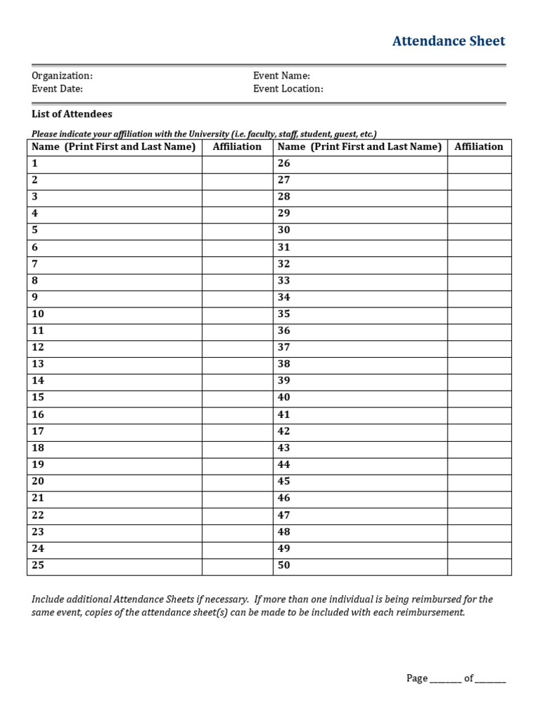 Attendance Sheet For Meetings and Events With Food | PDF