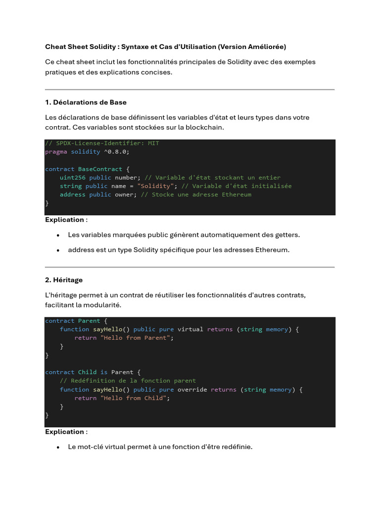 Cheat Sheet Solidity | PDF | Ingénierie informatique | Informatique