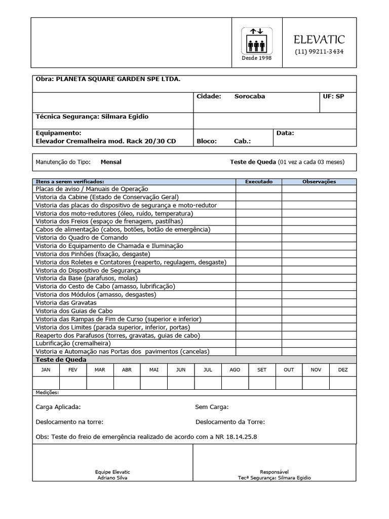 Check List Manutenção Elevador Cremalheira | PDF