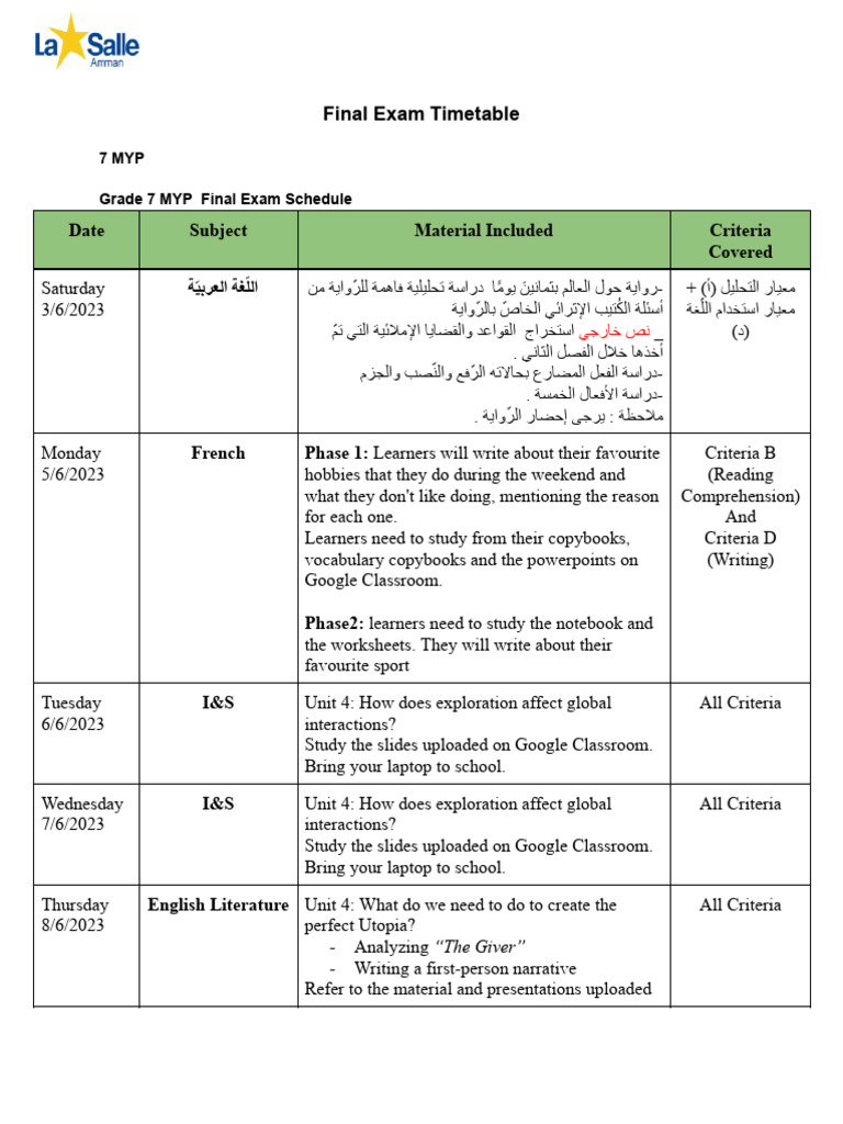 Final Exam Timetable 7myp 2 | PDF