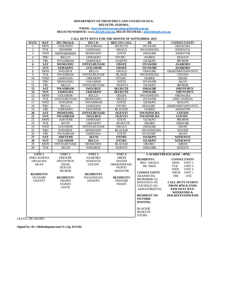 September 2025 Call Duty Rota | PDF