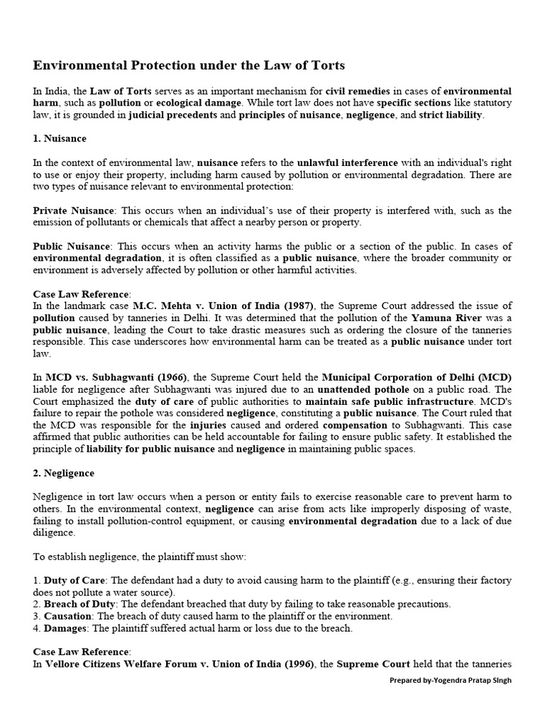Environmental Protection in Indian Tort Law | PDF | Negligence | Tort